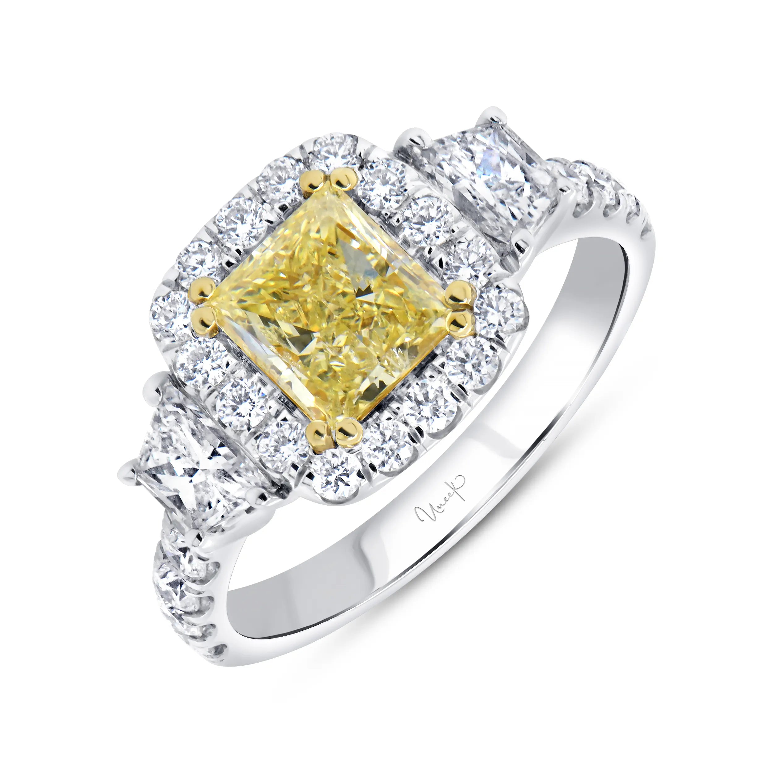 Uneek Natureal Collection 3-Stone-Halo Princess Cut Yellow Diamond Eng ...